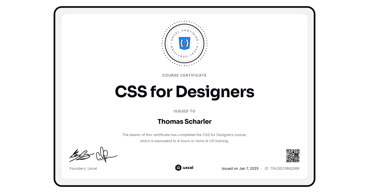 Certificate of completion for CSS Foundations | Uxcel